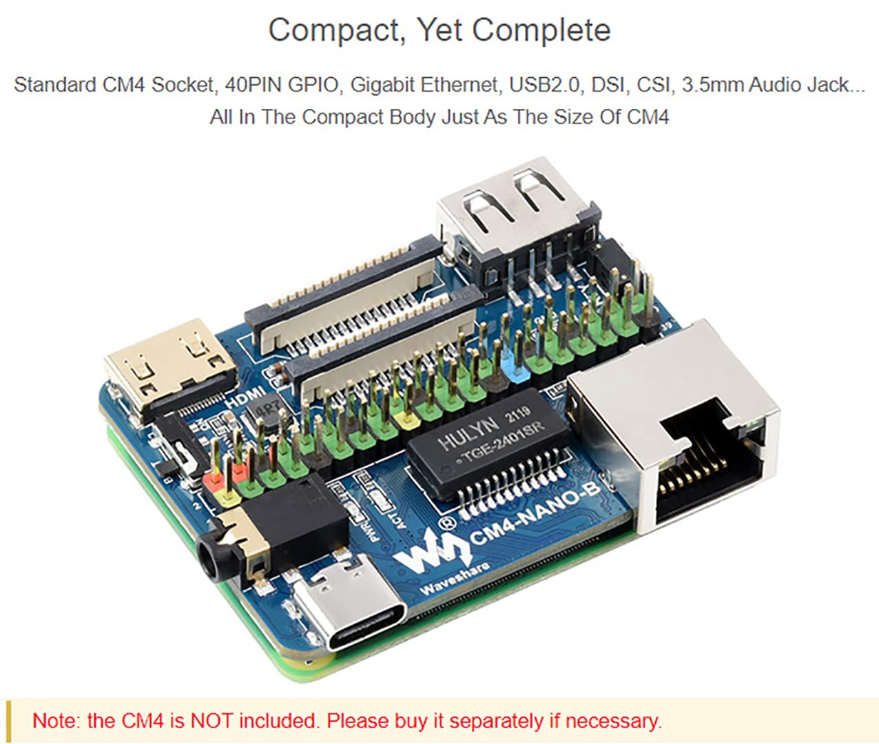 Nano Base Board (B) for Raspberry Pi Compute Module 4 Lite/eMMC, with Standard CM4 Socket, with Raspberry Pi 40PIN GPIO Interface, Gigabit Ethernet, USB2.0, DSI, CSI, 3.5mm Audio Jack