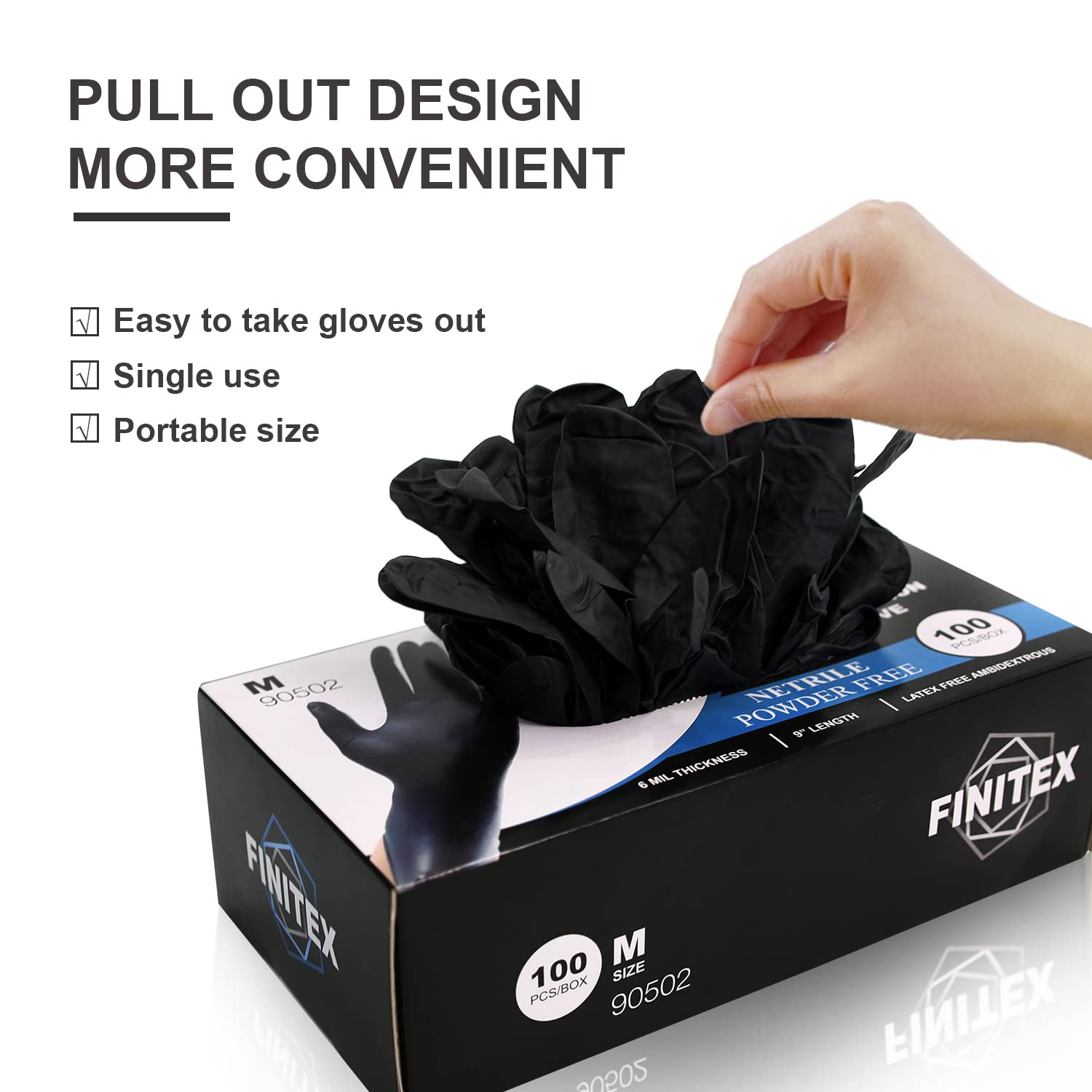 FINITEX Black Nitrile Disposable Medical Exam Gloves - Box of 100 PCS 6mil Gloves Powder-Free Latex-Free For Examination Home Cleaning Food Gloves (Medium)