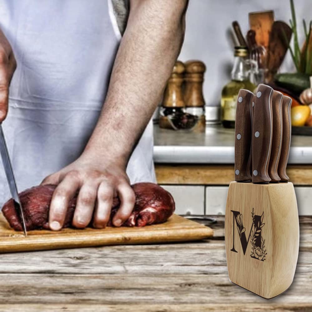 Monogram Letter M Funny Farmhouse Kitchen Decor Knife Block For Steak Knives 5 Inch Utility Knives 6 Piece Slot Organizer Durable 100% Natural Oak Wood, Housewarming Birthday Wedding Gift, 3.7x2.4x5"