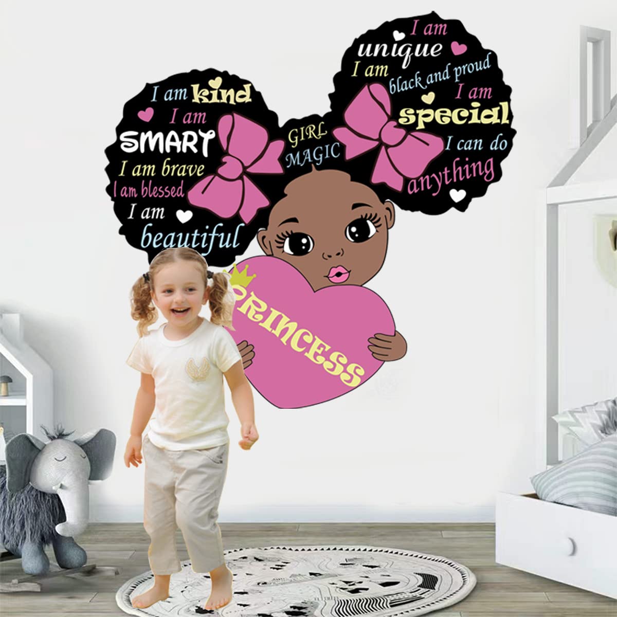 Black Girl Magic Inspirational Wall Decals Quote I'm Kind Princess Wall Sticker Pink Motivational Saying Positive Words Wall Stickers for Baby Toddler Room Nursery Playroom Bedroom Living Room.