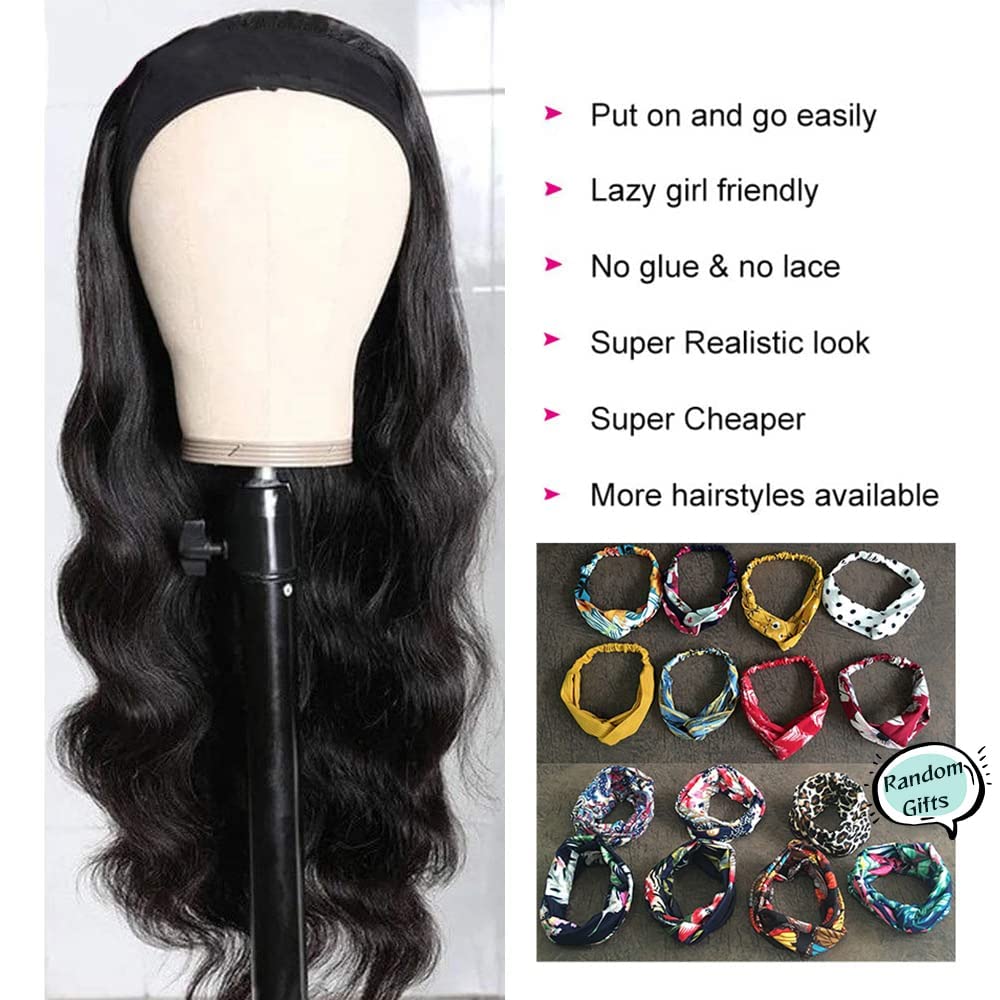 Feibin Headband Wig Human Hair Wigs for Black Women Human Hair Headband Wig Body Wave 14 Inch Wear and Go Wigs Glueless Human Hair Wig Machine Made None Lace Front Wig Natural Black Color 150% Density