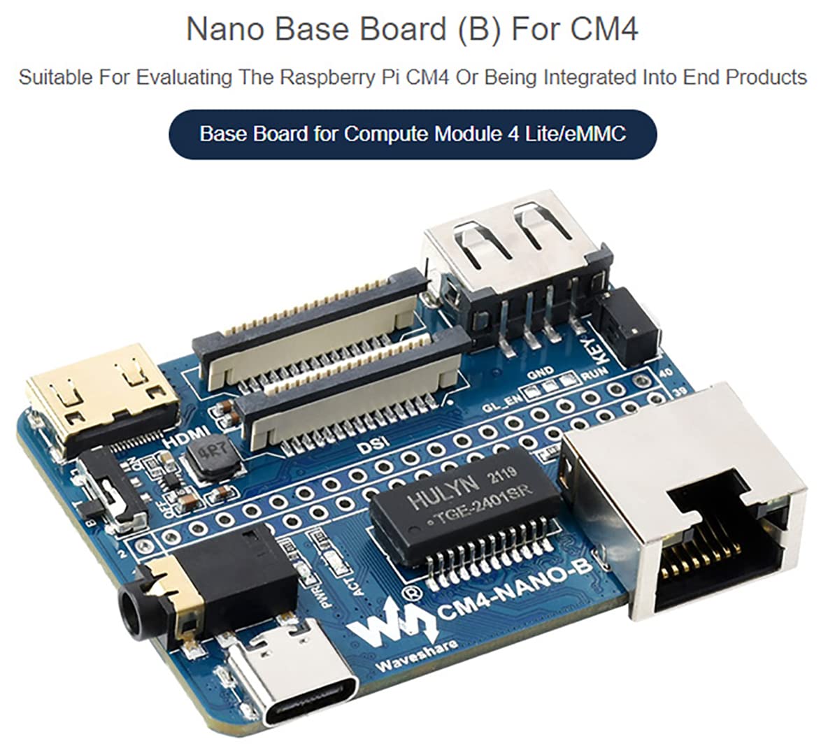 Nano Base Board (B) for Raspberry Pi Compute Module 4 Lite/eMMC, with Standard CM4 Socket, with Raspberry Pi 40PIN GPIO Interface, Gigabit Ethernet, USB2.0, DSI, CSI, 3.5mm Audio Jack