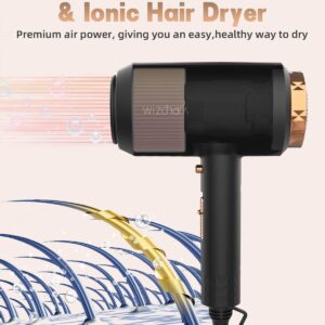 WIZCHARK Hair Dryer with Diffuser, Ceramic Ionic Blow Dryer for Women Curly Hair, Lightweight Compact Professional Salon Hairdryer with Diffuser Attachment, Cool Air Button 2 Speeds/Heats, Black