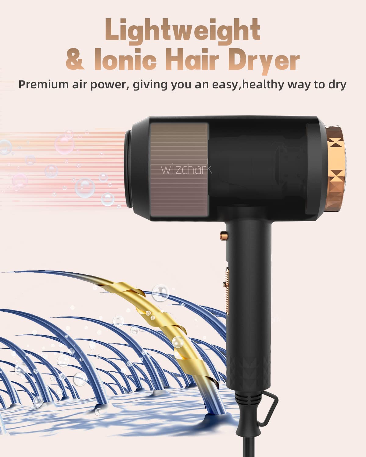 WIZCHARK Hair Dryer with Diffuser, Ceramic Ionic Blow Dryer for Women Curly Hair, Lightweight Compact Professional Salon Hairdryer with Diffuser Attachment, Cool Air Button 2 Speeds/Heats, Black