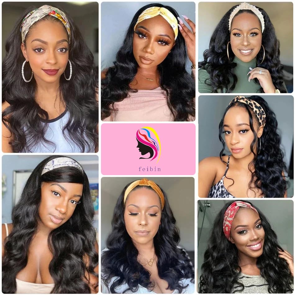 Feibin Headband Wig Human Hair Wigs for Black Women Human Hair Headband Wig Body Wave 14 Inch Wear and Go Wigs Glueless Human Hair Wig Machine Made None Lace Front Wig Natural Black Color 150% Density