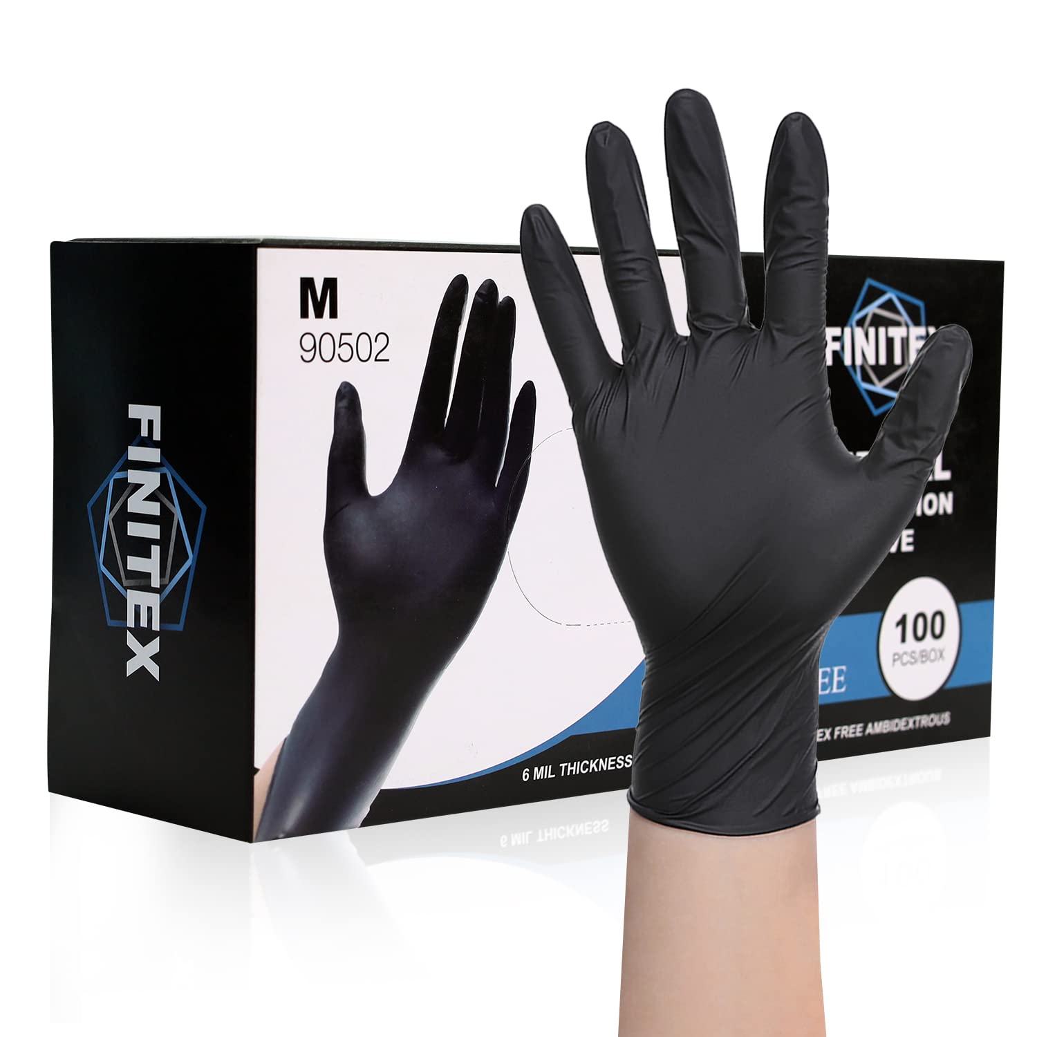 FINITEX Black Nitrile Disposable Medical Exam Gloves - Box of 100 PCS 6mil Gloves Powder-Free Latex-Free For Examination Home Cleaning Food Gloves (Medium)