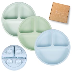 mia li suction plates for baby – set of 3 toddler plates with suction – cute and colorful silicone plates for weaning – ideal for baby feeding, food storage (cloud, sage & stone)