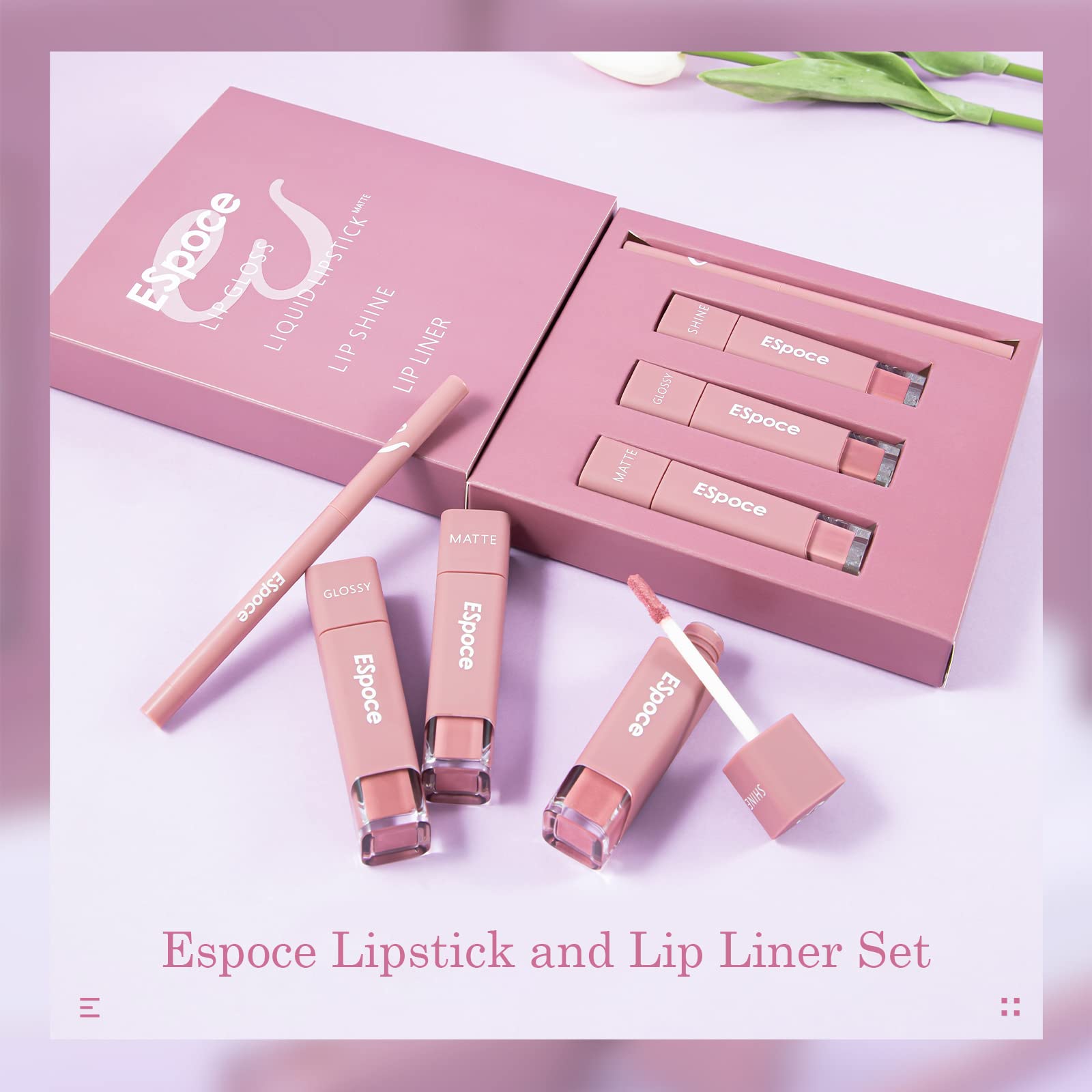 Espoce Lipstick and Lip Liner Set, 4 Pcs Matte Glossy Shiny Lip Gloss and Lip Liner Kit, Non-Sticky and Long Lasting