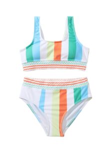 milumia girl 2 piece striped bikini swimsuit contrast mesh scoop neck bathing suit green and white 11-12 years