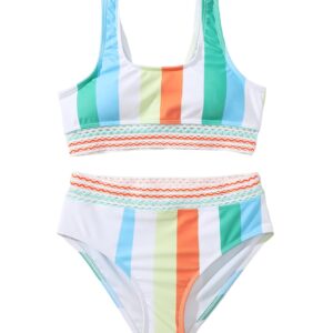 Milumia Girl 2 Piece Striped Bikini Swimsuit Contrast Mesh Scoop Neck Bathing Suit Green and White 11-12 Years