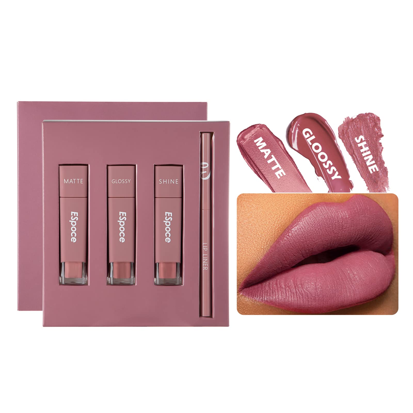 Espoce Lipstick and Lip Liner Set, 4 Pcs Matte Glossy Shiny Lip Gloss and Lip Liner Kit, Non-Sticky and Long Lasting