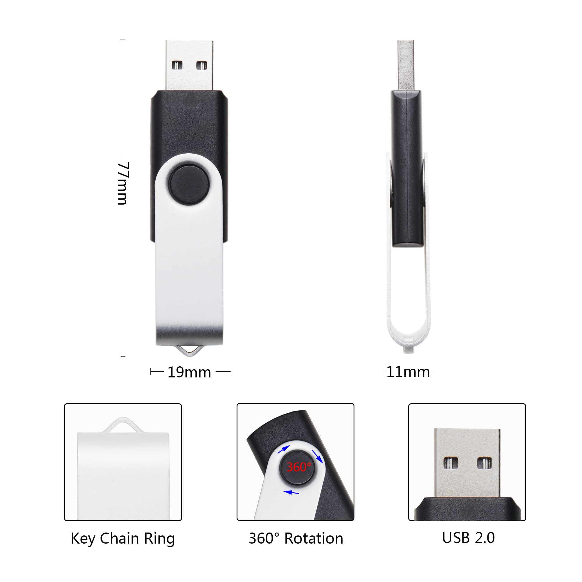 NEWTIK Custom Swivel USB Flash Drive Personalized with Your Logo Bulk USB 2.0 Customizable Memory Stick (128MB, 500PCS)