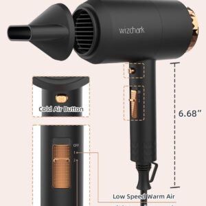 WIZCHARK Hair Dryer with Diffuser, Ceramic Ionic Blow Dryer for Women Curly Hair, Lightweight Compact Professional Salon Hairdryer with Diffuser Attachment, Cool Air Button 2 Speeds/Heats, Black