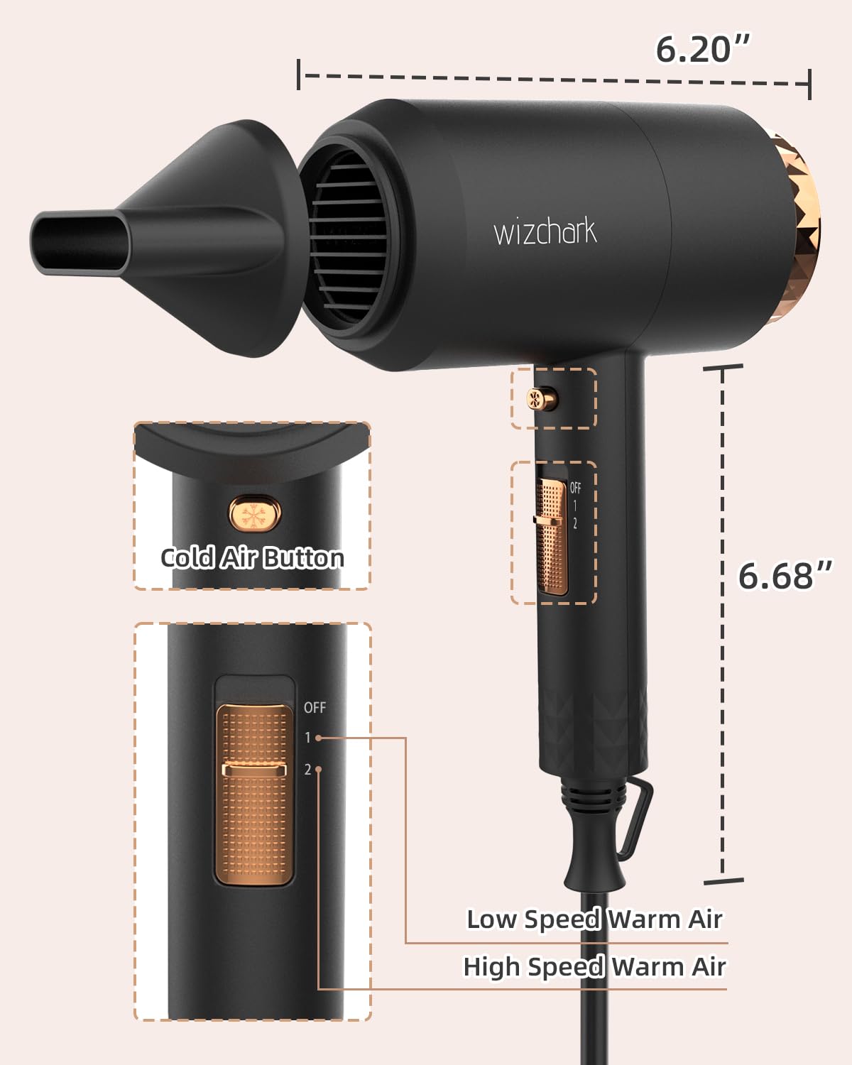 WIZCHARK Hair Dryer with Diffuser, Ceramic Ionic Blow Dryer for Women Curly Hair, Lightweight Compact Professional Salon Hairdryer with Diffuser Attachment, Cool Air Button 2 Speeds/Heats, Black