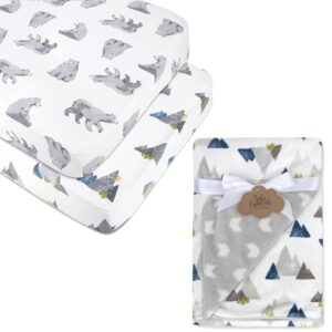 baby essentials bear mountain scene security blanket, bear crib bedding set for boys and girls