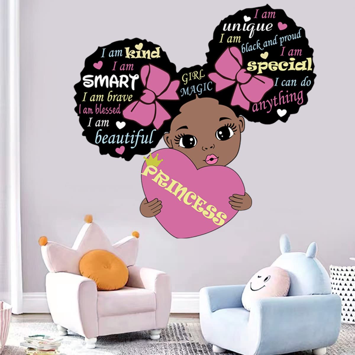 Black Girl Magic Inspirational Wall Decals Quote I'm Kind Princess Wall Sticker Pink Motivational Saying Positive Words Wall Stickers for Baby Toddler Room Nursery Playroom Bedroom Living Room.