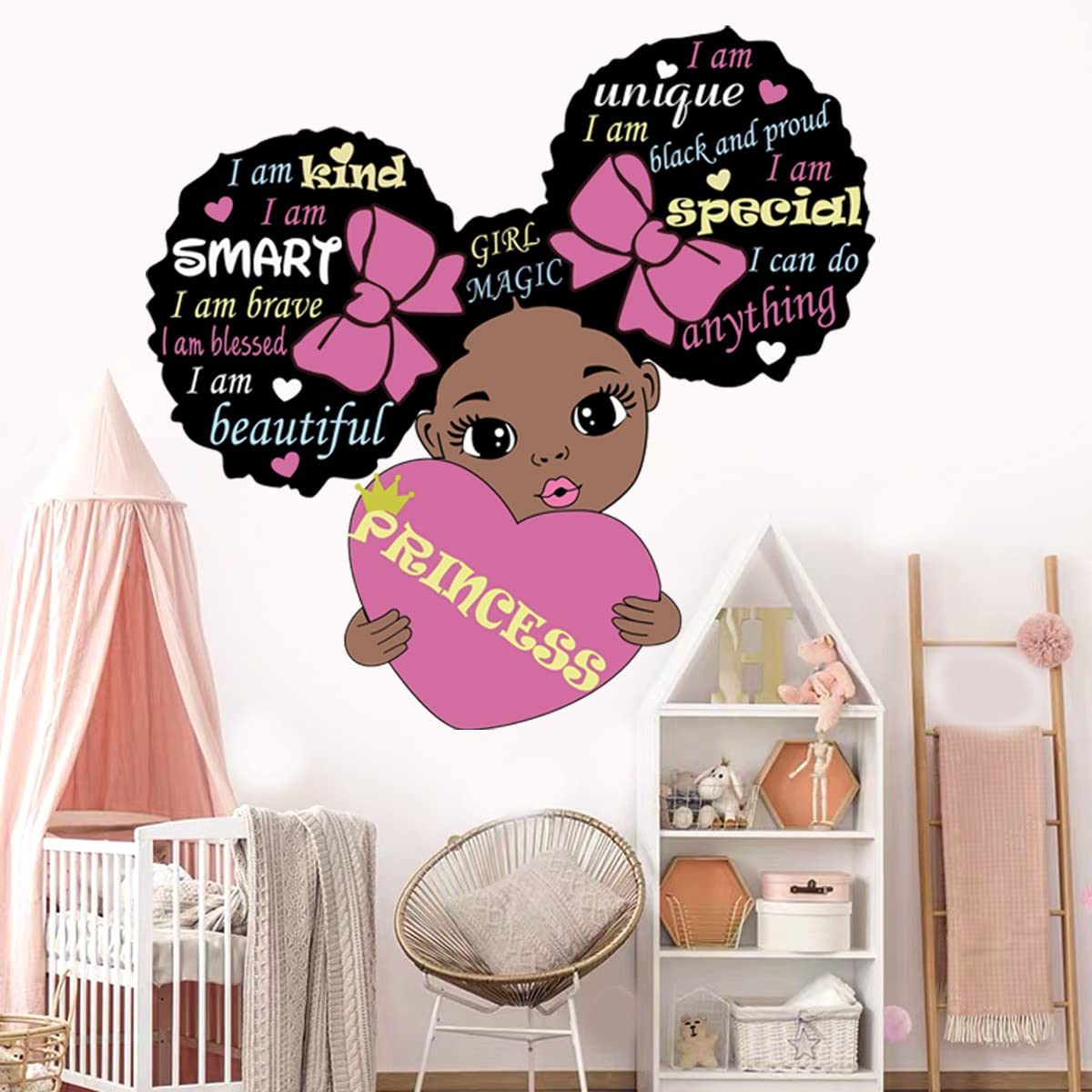 Black Girl Magic Inspirational Wall Decals Quote I'm Kind Princess Wall Sticker Pink Motivational Saying Positive Words Wall Stickers for Baby Toddler Room Nursery Playroom Bedroom Living Room.