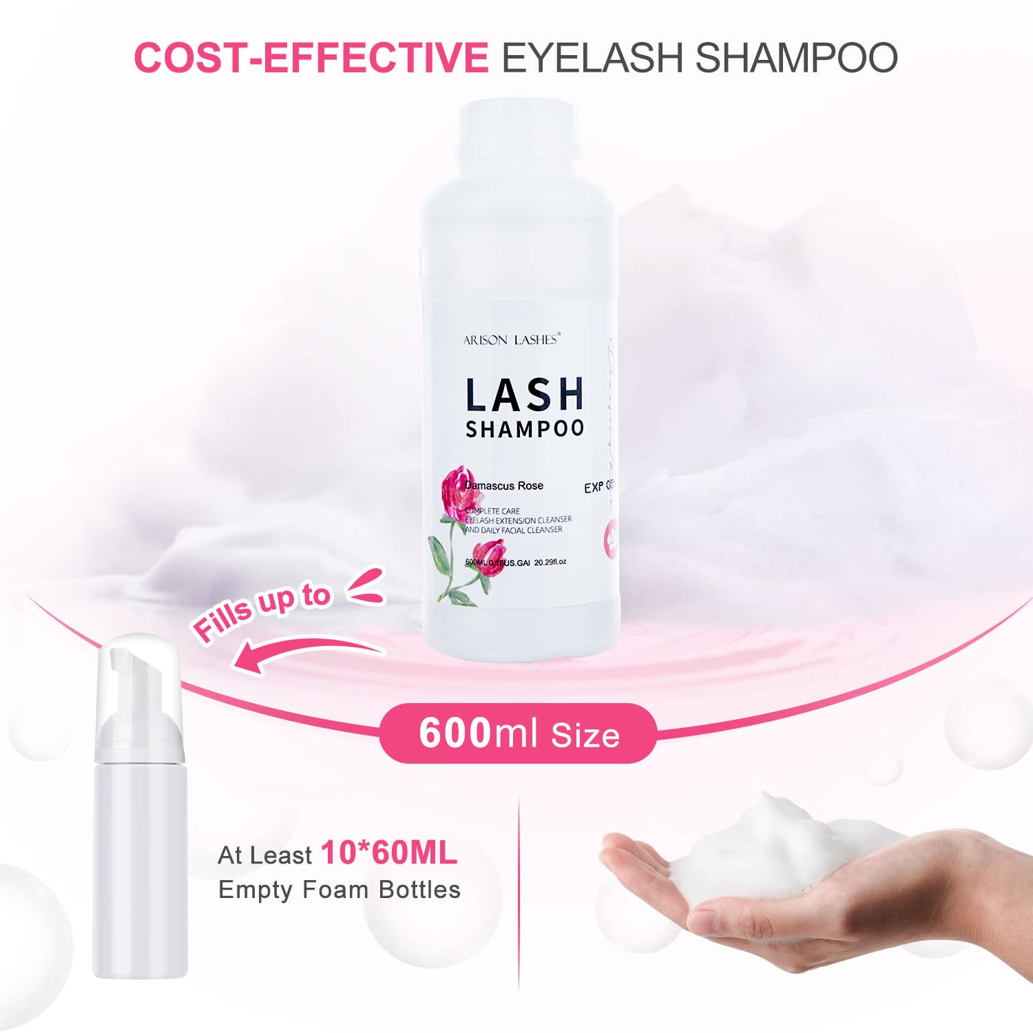 Arison Eyelash Eyelash Extension Shampoo 600ml / Eyelid Foaming Cleanser/Wash for Extensions and Natural Lashes/Paraben & Sulfate Free Safe Makeup & / Professional & Self Use (Rose)