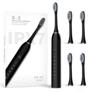 qhecomce sonic electric toothbrushes usb rechargeable ultrasonic tooth brush with 4 brush heads 6 cleaning modes and smart timer ipx7 waterproof cleaning toothbrushes for adults (black)