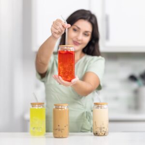 Meliora Vivus | 4pcs Glass Cups with Bamboo Lids and Glass Straws | 20 oz drinking glasses | Beer/Soda Can Shaped Cup Set | Cute Glasses Ideal for Iced Coffee, Beer, Wine, Soda, or Water.