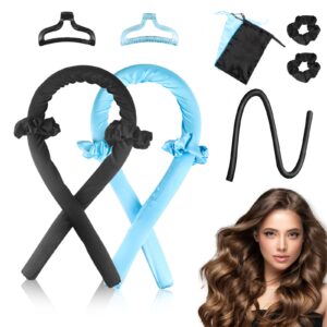 2 pack heatless hair curler - cekaso heatless curls headband for long hair curls no heat curling ribbon hair roller kit bow tools you can sleep in soft (black & blue)