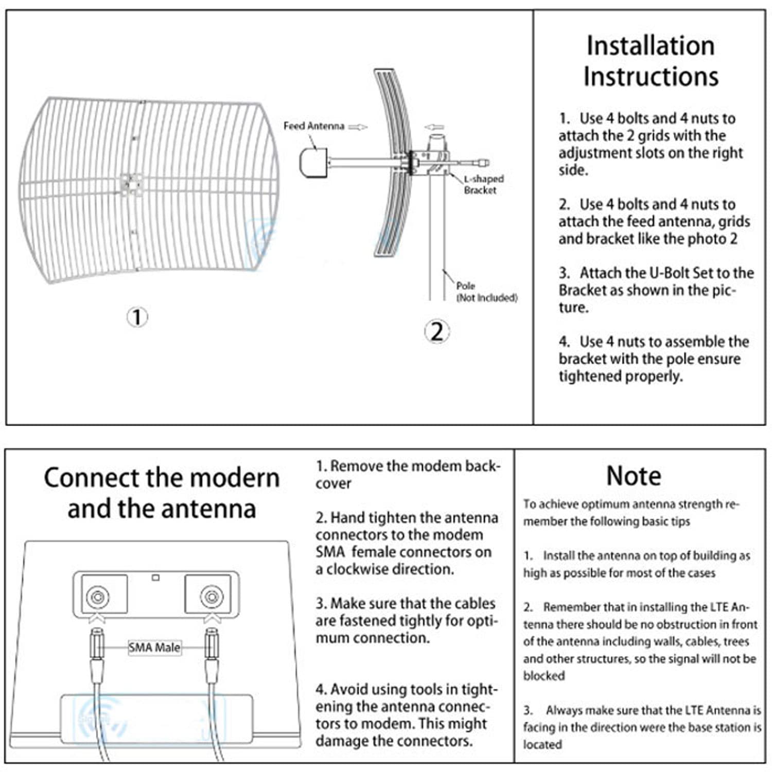 MIMO 4G LTE/ 5G Antenna Outdoor Directional Long Range Parabolic Grid Antennas for t-Mobile 4G LTE/5G WiFi Hotspots/High Gain 2x2 30dBi/ 698-6000MHz/ 2pcs 15meters LMR240 Cable SMA TS-9