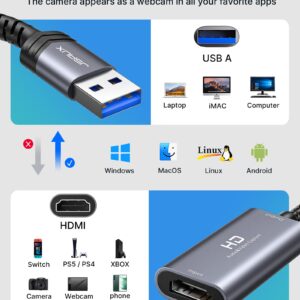 Video Capture Card 4K, JSAUX External Camera Adapter HDMI to USB Video Audio Recording in 1080P@30Hz, 4K@30Hz for Streaming, Home Office, Live Broadcasting, Video Conference, Teaching, Gaming(Grey)