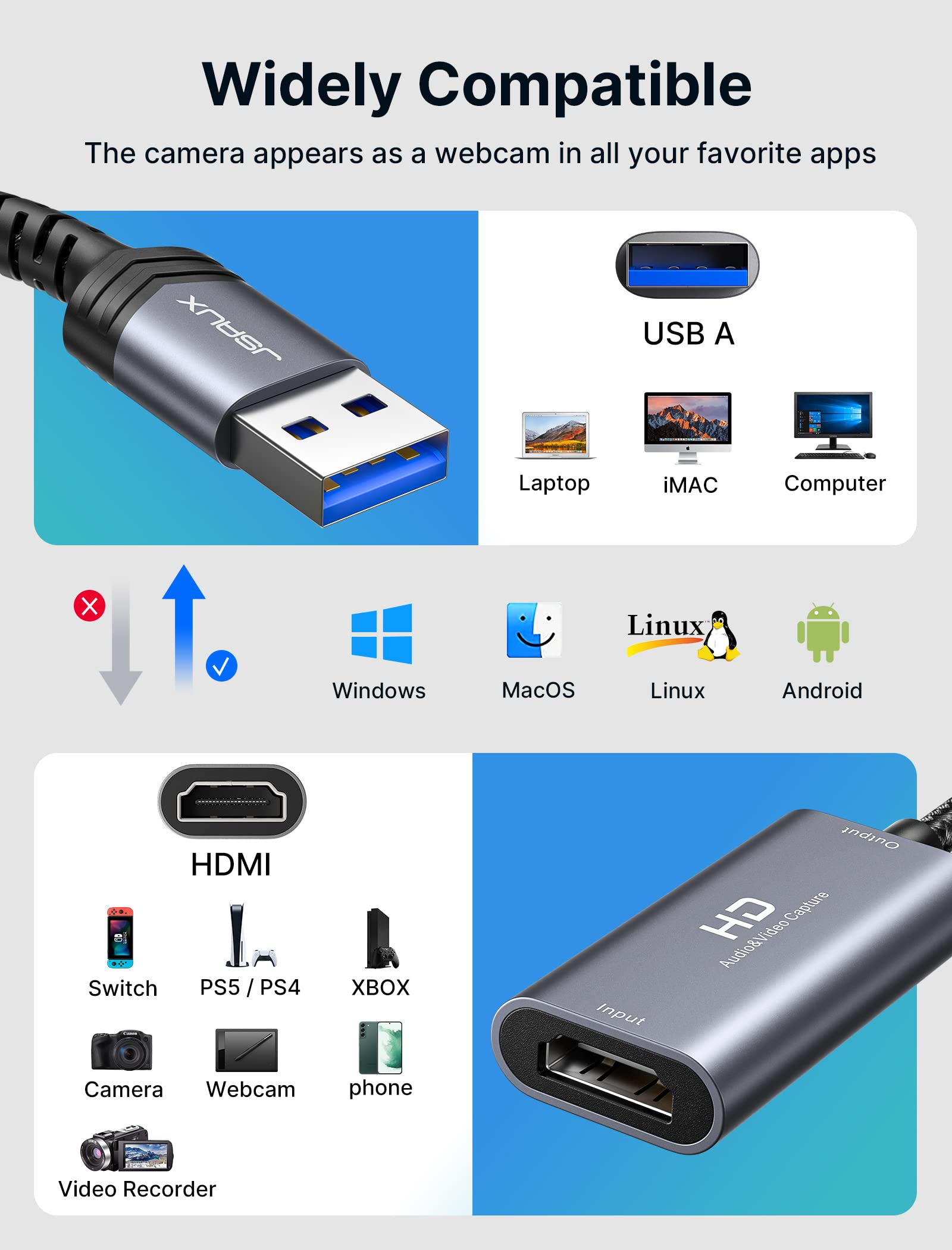 Video Capture Card 4K, JSAUX External Camera Adapter HDMI to USB Video Audio Recording in 1080P@30Hz, 4K@30Hz for Streaming, Home Office, Live Broadcasting, Video Conference, Teaching, Gaming(Grey)