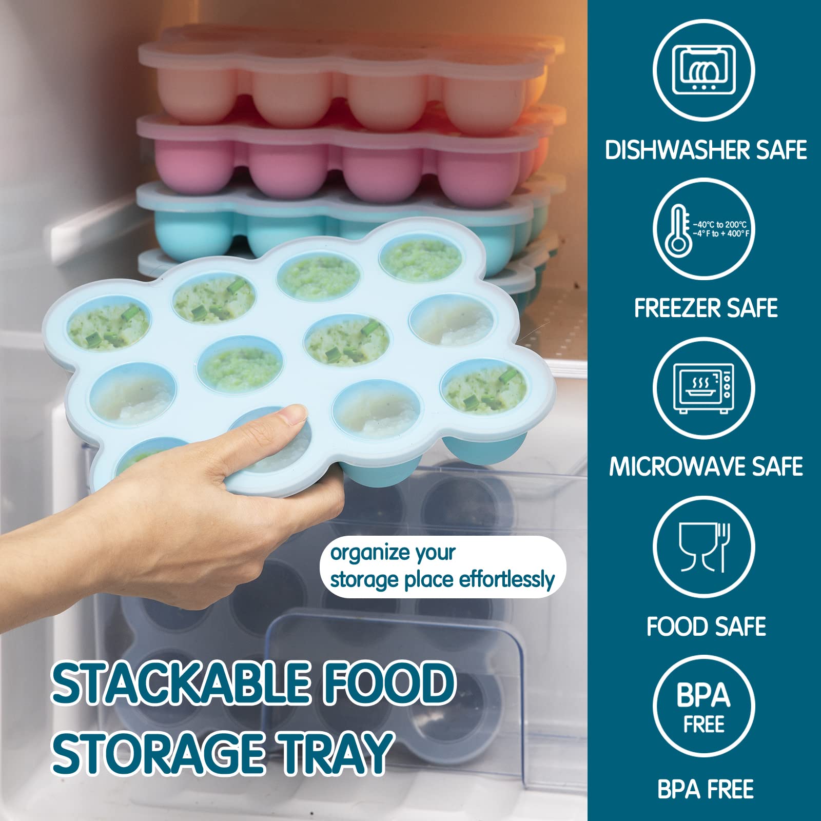 HIWOOD Baby Food Storage Container -12 x 1.5OZ Silicone Baby Food Freezer Tray with Silicone Lid, Baby Food Freezer Containers for Homemade Baby Food, Vegetables & Fruit Purees - Midnight Blue