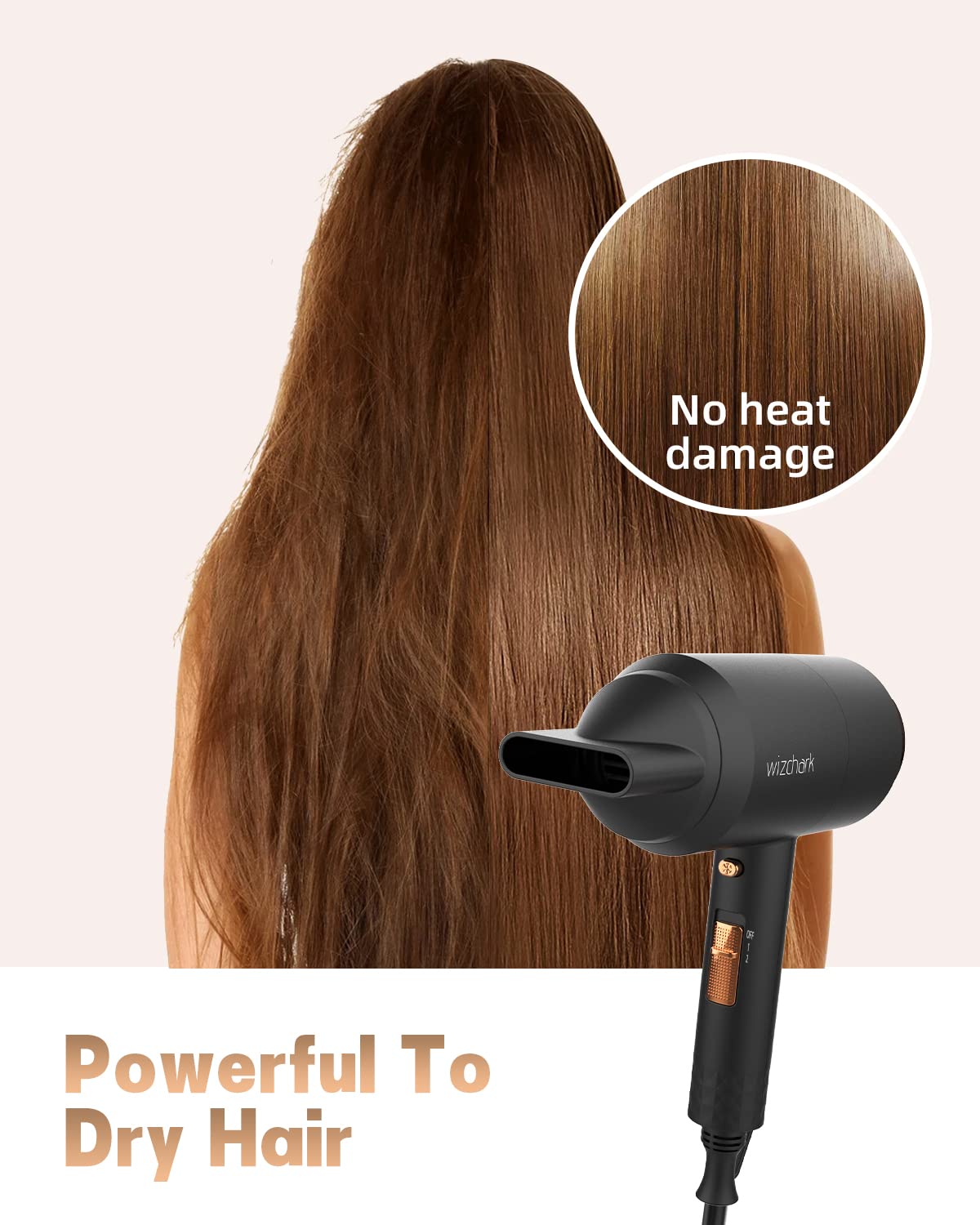 WIZCHARK Hair Dryer with Diffuser, Ceramic Ionic Blow Dryer for Women Curly Hair, Lightweight Compact Professional Salon Hairdryer with Diffuser Attachment, Cool Air Button 2 Speeds/Heats, Black