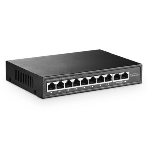 yulinca 10 port mini gigabit poe switch with 8 poe+ port, 2 gigabit rj45 uplink, 10/100/1000mbps, ieee802.3af/at, max 120w, metal fanless plug & play ethernet switch