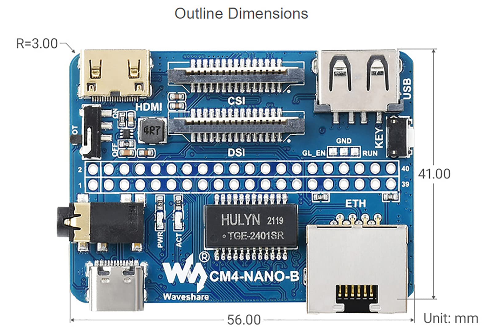 Nano Base Board (B) for Raspberry Pi Compute Module 4 Lite/eMMC, with Standard CM4 Socket, with Raspberry Pi 40PIN GPIO Interface, Gigabit Ethernet, USB2.0, DSI, CSI, 3.5mm Audio Jack