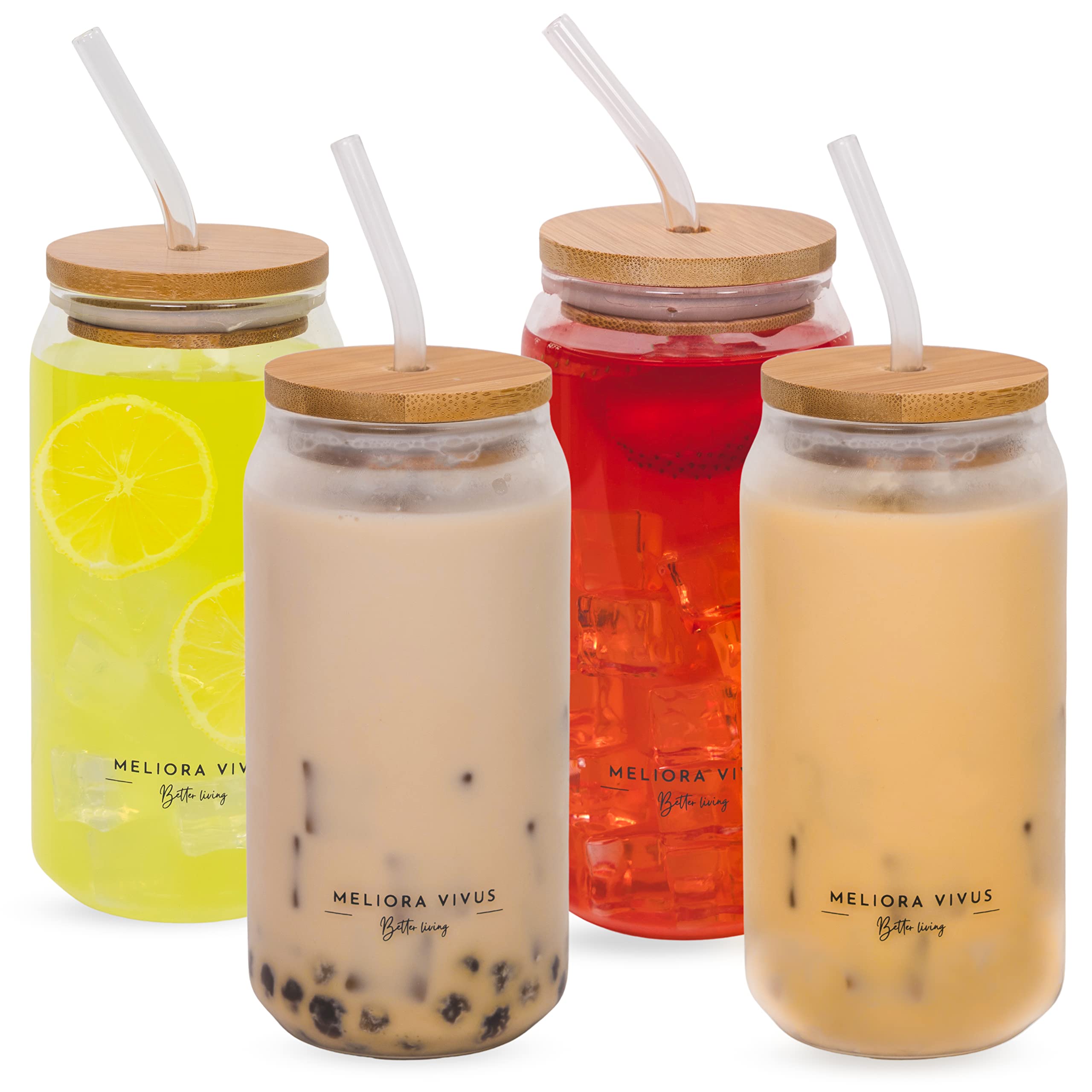 Meliora Vivus | 4pcs Glass Cups with Bamboo Lids and Glass Straws | 20 oz drinking glasses | Beer/Soda Can Shaped Cup Set | Cute Glasses Ideal for Iced Coffee, Beer, Wine, Soda, or Water.