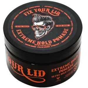 fix your lid extreme hold pomade for men - water based pomade with high shine and strong hold - match all mens hair types & styles - easy to wash out - 3.75 oz