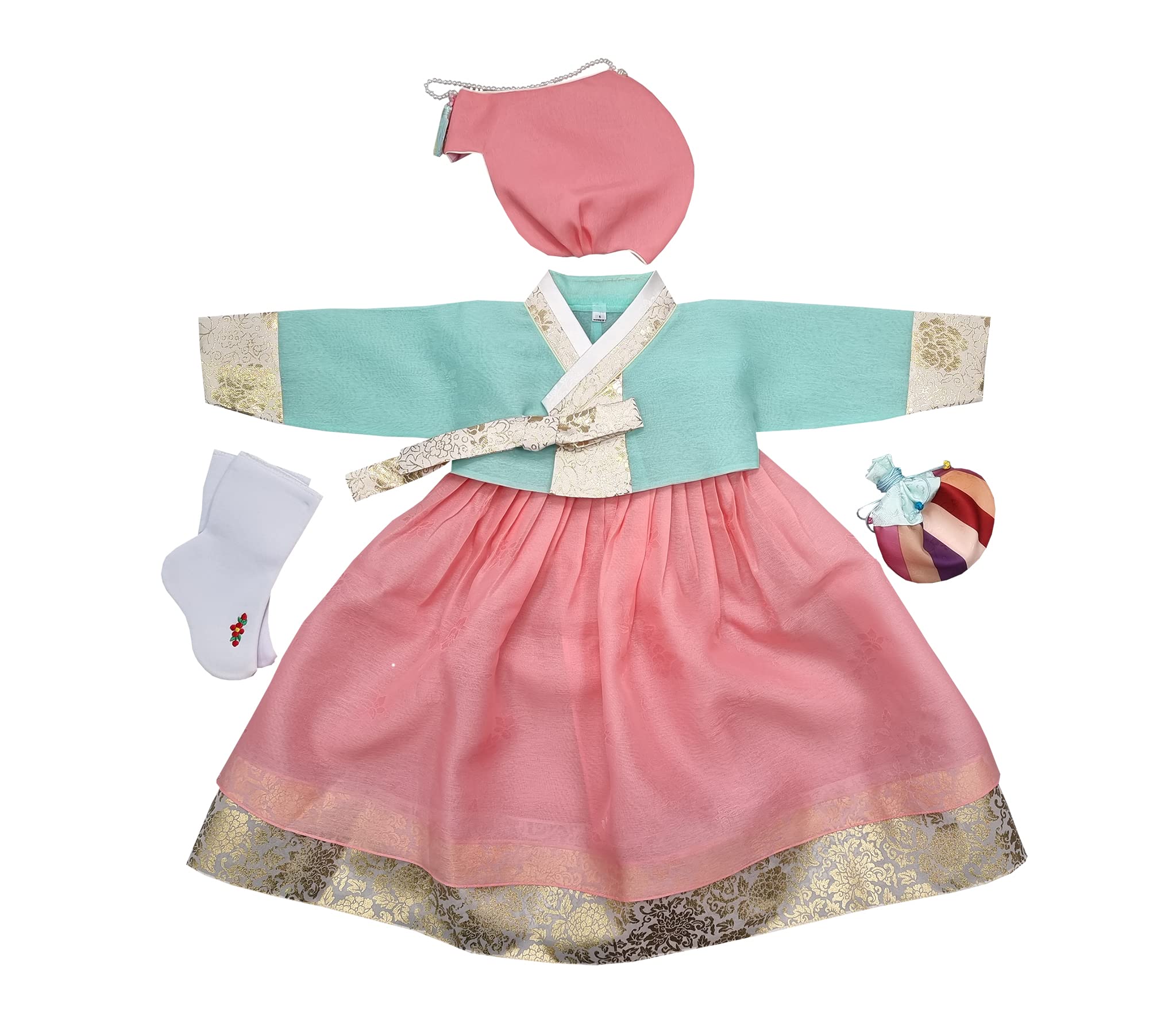 Hanbok Baby Girl Korea Traditional Clothing Dol Party Celebration 1st Birthday Ceremony Mint Coral OSMC01