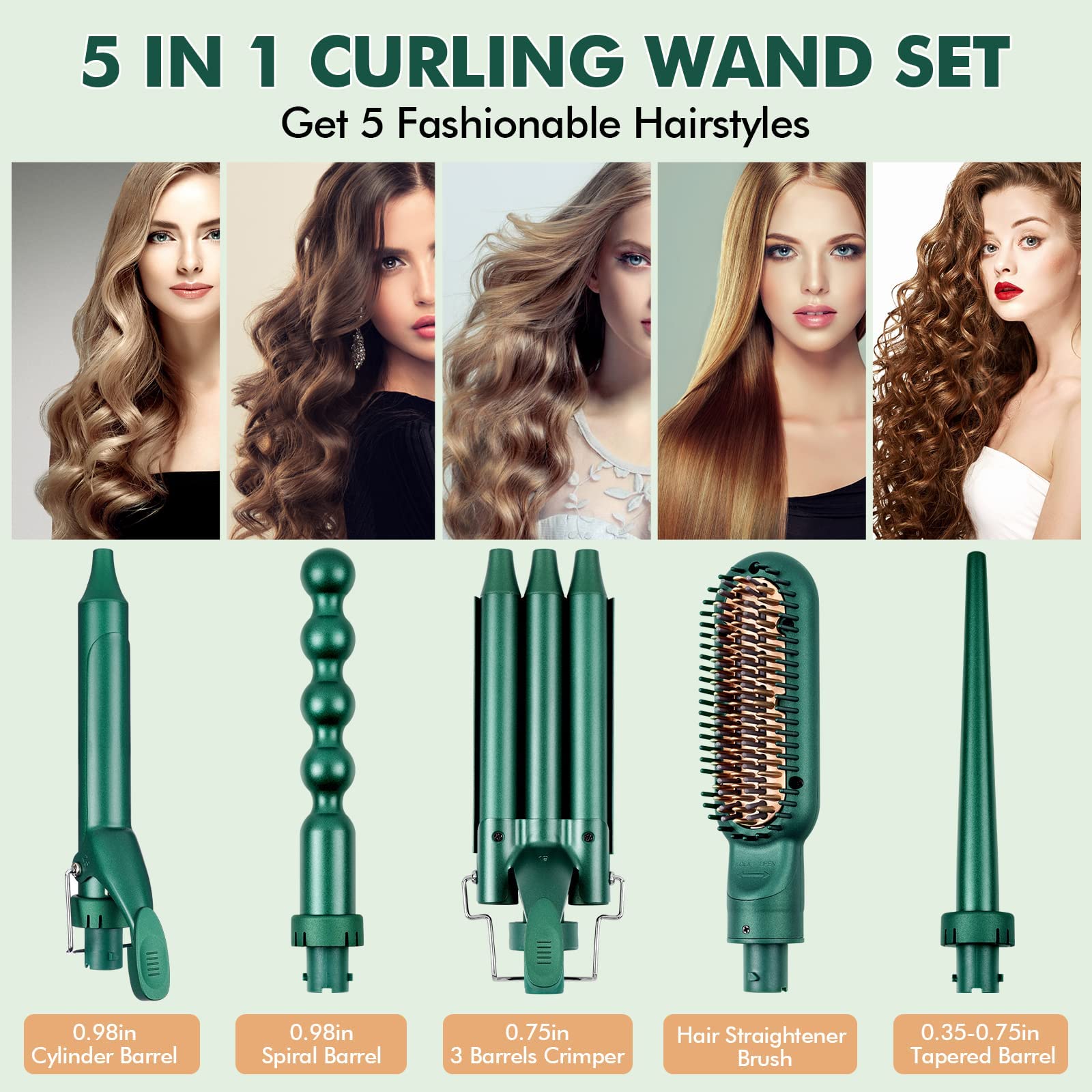 Yinhua Curling Iron Set, 5 in 1 Curling Wand with 4 Interchangeable Ceramic Barrels and 1 Straight Hair Brush, 30S Instant Heat Up, LCD Temp Adjustment, Dual Voltage, Includes Heat Resistant Gloves