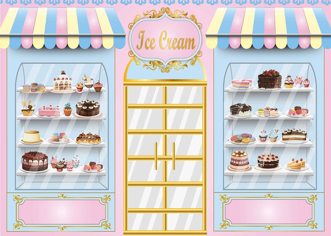 Ice Cream Parlor Shop Backdrop Summer Pink Sweet Candy Princess Girl Baby Shower Birthday Photography Background Doughnut Party Decoration Banner Photo Studio Booth Props 7X5FT CEM197B