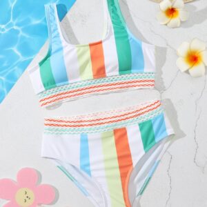 Milumia Girl 2 Piece Striped Bikini Swimsuit Contrast Mesh Scoop Neck Bathing Suit Green and White 11-12 Years