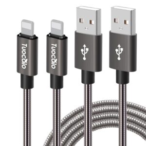 tuocalo 2pack 6.6ft metal braided cable, indestructible chew proof fast charging cord, strong durable wire, stainless steel, tangle free, pet resistant, charge and data sync at high speed