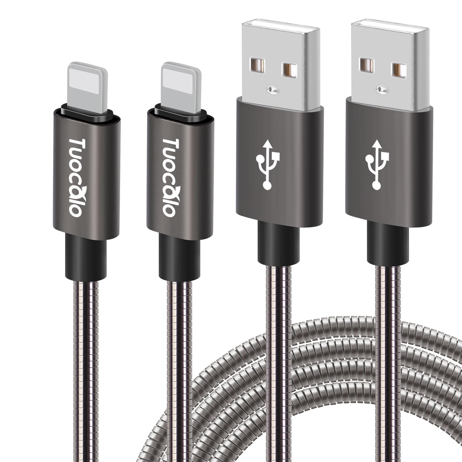 Tuocalo 2Pack 6.6ft Metal Braided Cable, Indestructible Chew Proof Fast Charging Cord, Strong Durable Wire, Stainless Steel, Tangle Free, Pet Resistant, Charge and Data sync at high Speed