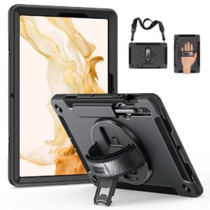 case for samsung galaxy tab s8: military grade heavy duty shockproof protective cover for galaxy tab s8 2022 /tab s7 11 inch rotating stand - handle - shoulder strap - s-pen holder - black