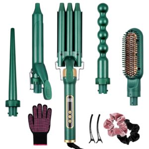 yinhua curling iron set, 5 in 1 curling wand with 4 interchangeable ceramic barrels and 1 straight hair brush, 30s instant heat up, lcd temp adjustment, dual voltage, includes heat resistant gloves