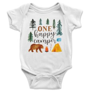 brain juice tees one happy camper 1st birthday camping outdoor themed onesie® for girls and boys - smash cake outfit (12 month) white