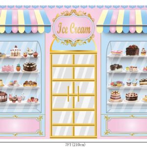 Ice Cream Parlor Shop Backdrop Summer Pink Sweet Candy Princess Girl Baby Shower Birthday Photography Background Doughnut Party Decoration Banner Photo Studio Booth Props 7X5FT CEM197B