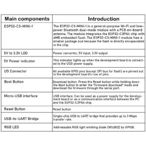 Geekstory ESP32-C3-DevKitM-1 Development Board ESP32-C3FN4 Core, ESP32-C3-MINI-1 WiFi+BT LE Module with 4 MB External SPI Flash