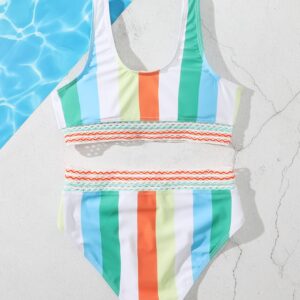 Milumia Girl 2 Piece Striped Bikini Swimsuit Contrast Mesh Scoop Neck Bathing Suit Green and White 11-12 Years