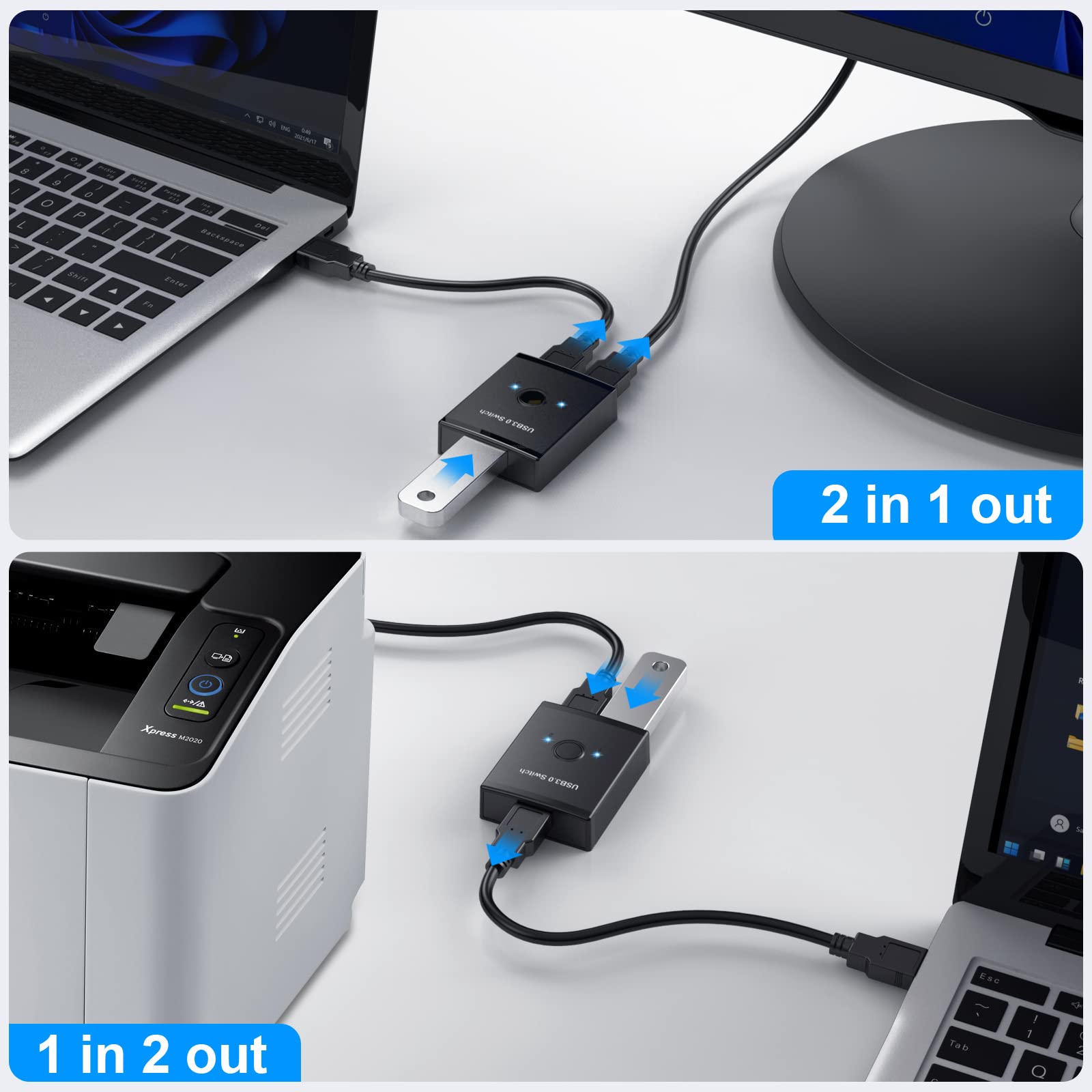 USB 3.0 Switch, Bi-Directional USB Switch 2 in 1 Out / 1 in 2 Out, YINNCEEN USB Switcher 2 Computers Share Keyboard Mouse Scanner Printer, USB KVM Switch Compatible with Mac/Windows/Linux