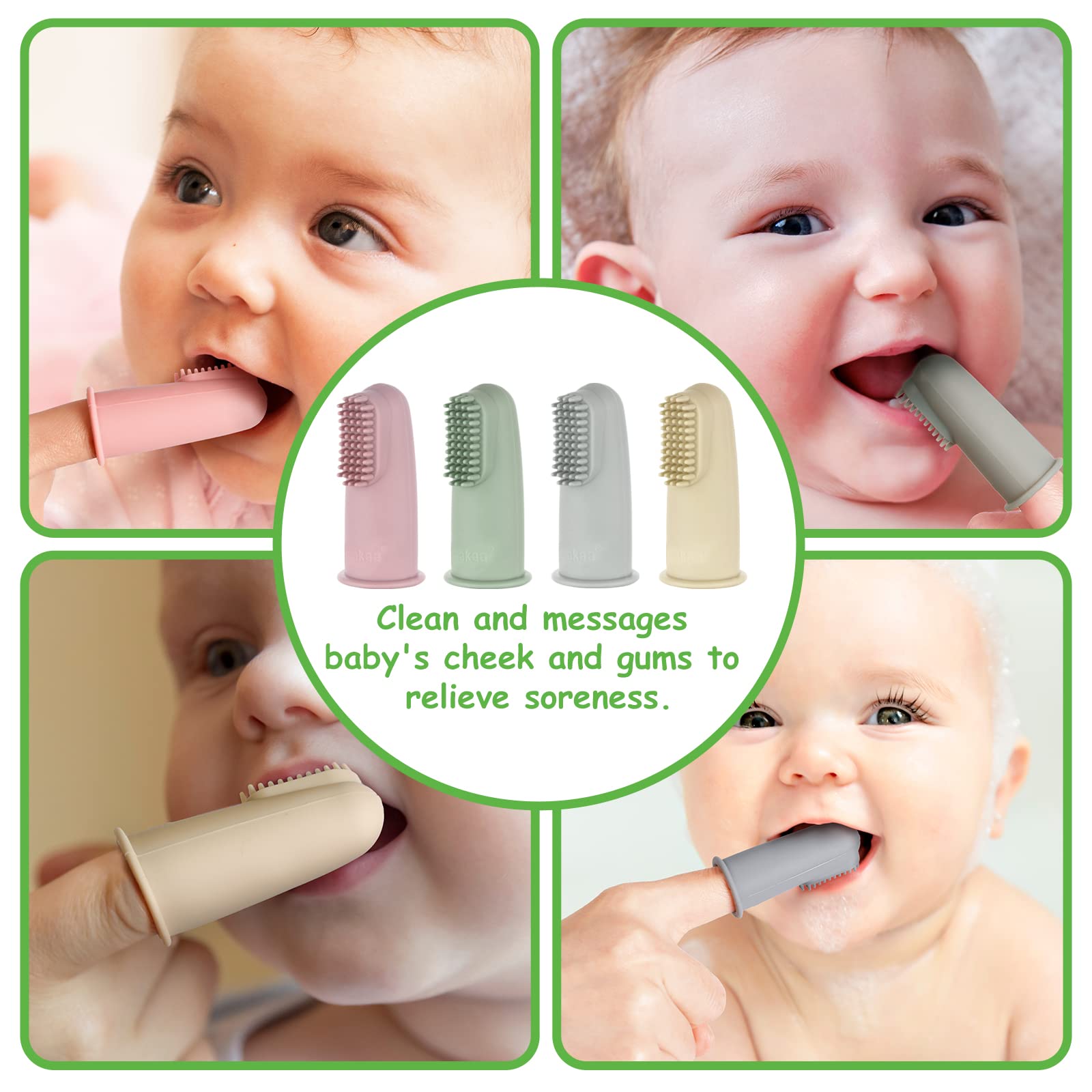 haakaa Baby Finger Toothbrush,Soft Food Grade Silicone,for Training Teething and Oral Cleaning,0 Months+, 2 Pack, Pea Green