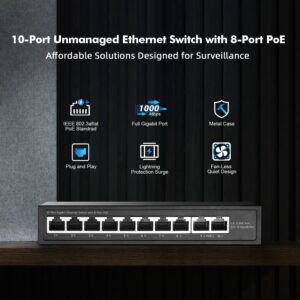 YuLinca 10 Port Mini Gigabit PoE Switch with 8 PoE+ Port, 2 Gigabit RJ45 Uplink, 10/100/1000Mbps, IEEE802.3af/at, Max 120W, Metal Fanless Plug & Play Ethernet Switch