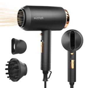 wizchark hair dryer with diffuser, ceramic ionic blow dryer for women curly hair, lightweight compact professional salon hairdryer with diffuser attachment, cool air button 2 speeds/heats, black